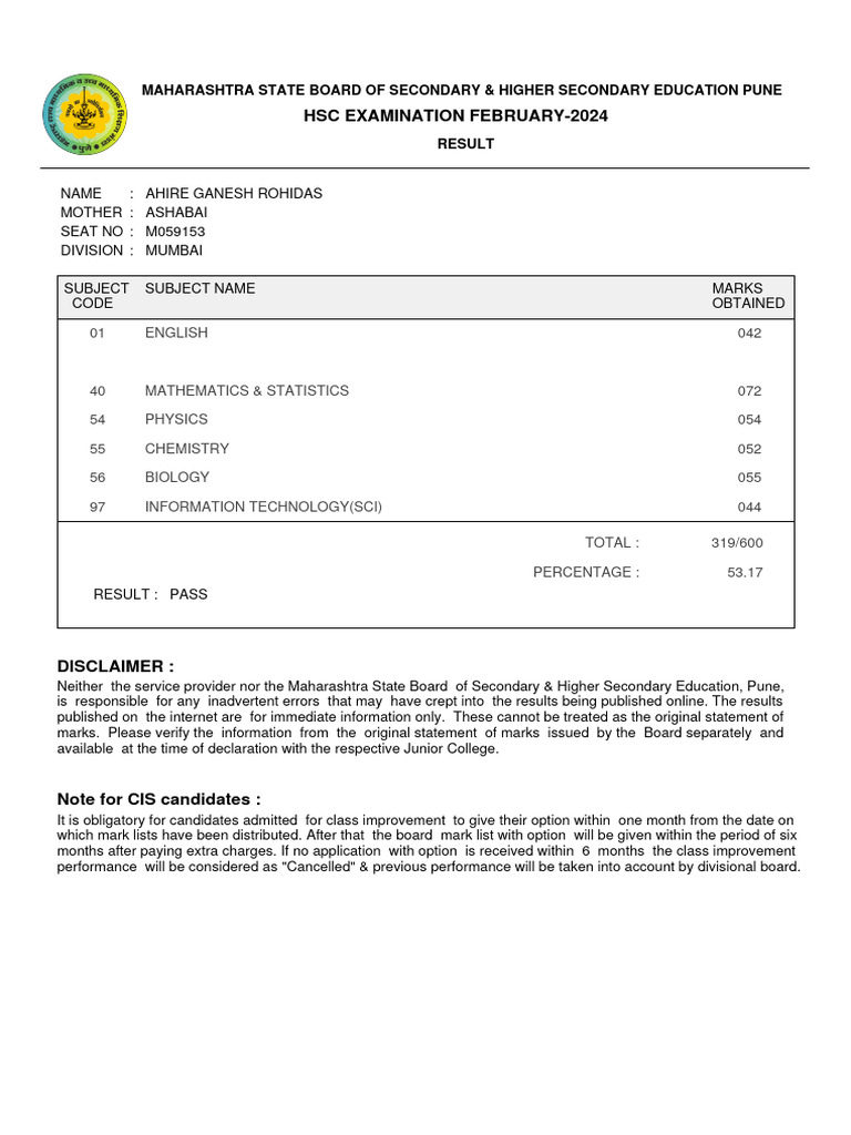 Maharashtra HSC Exam Result 2024 | PDF | Educational Stages