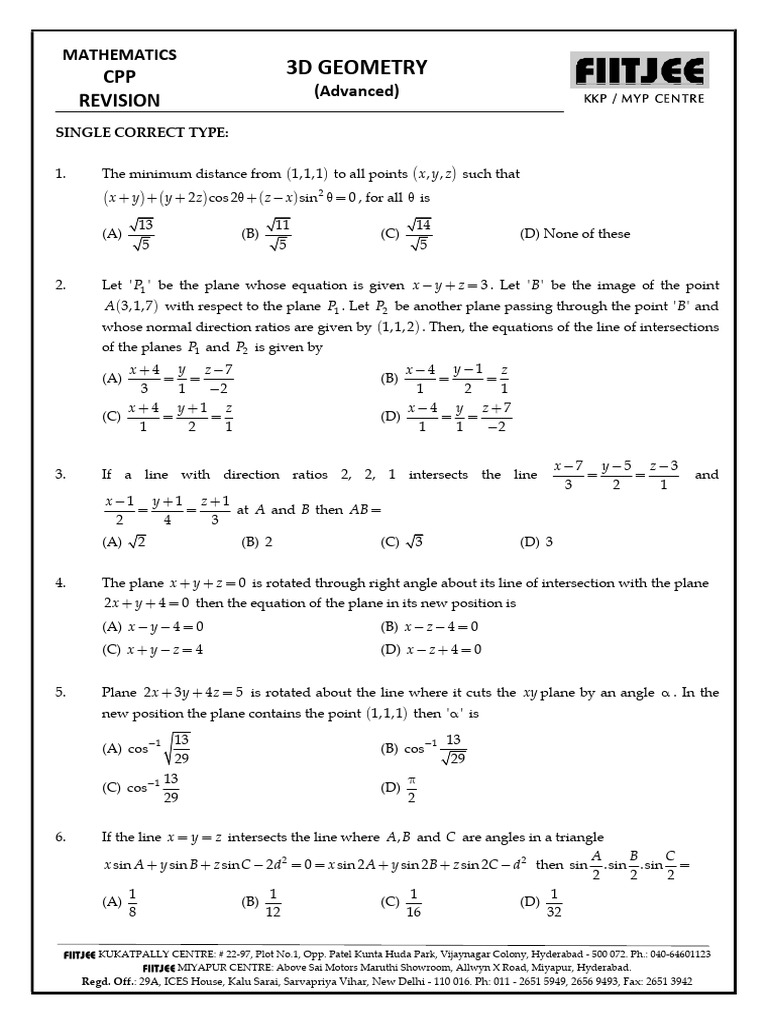 SR Maths Revision - 3D GEOMETRY - Advanced - CPP (MNR) | PDF | Line ...