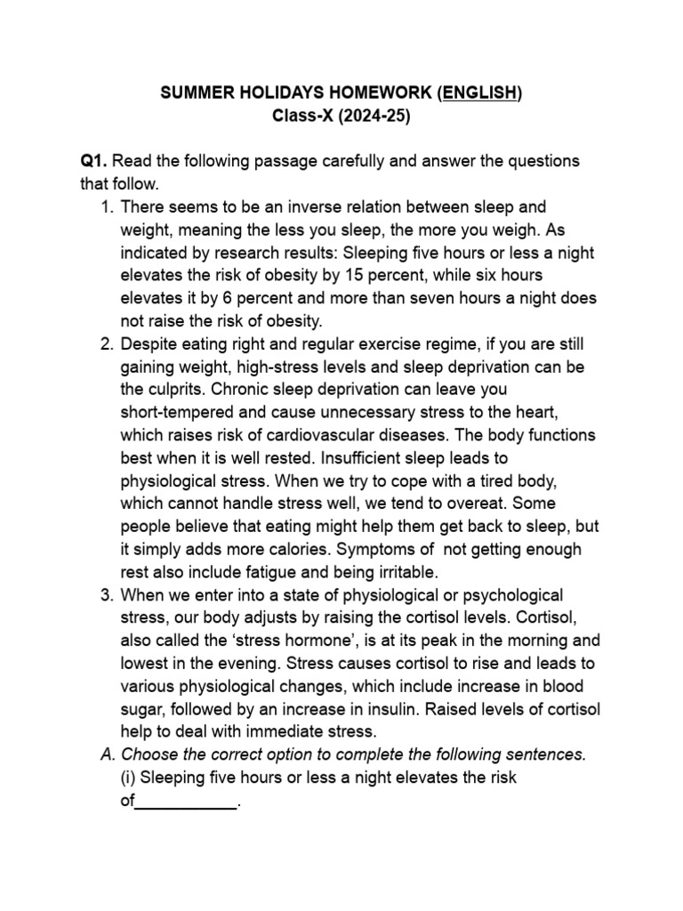 Summer Holidays Homework (English) | PDF | Stress (Biology) | Sleep