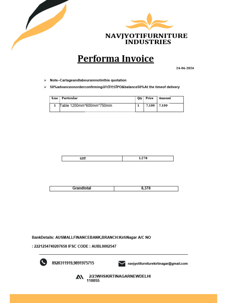 Performa Invoice for Table Purchase | PDF | Finance & Money Management