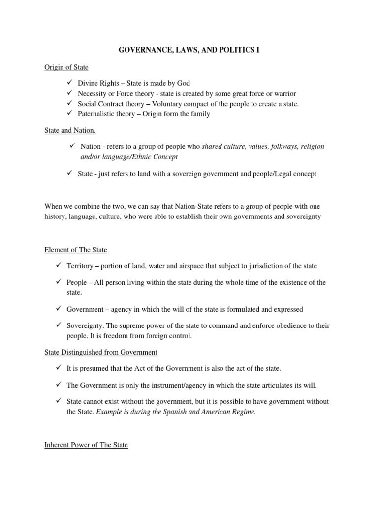 Governance, Laws, and Politics I Handouts | PDF | Government | State ...