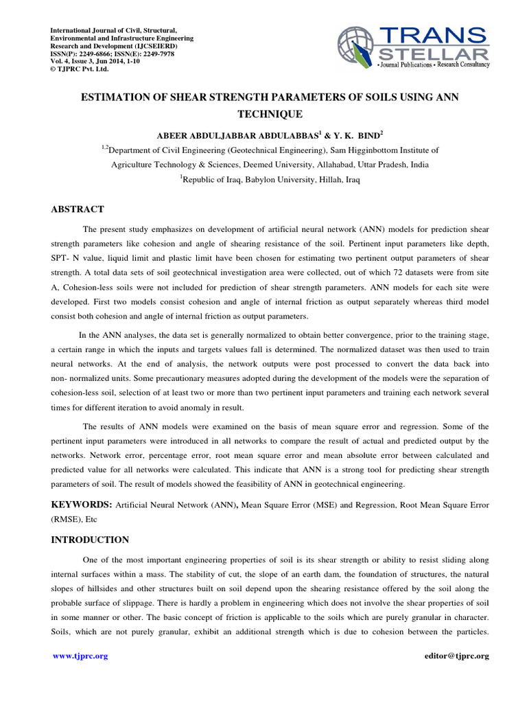 ESTIMATION OF SHEAR STRENGTH PARAMETERS OF SOILS USING ANN TECHNIQUE | PDF | Artificial Neural ...