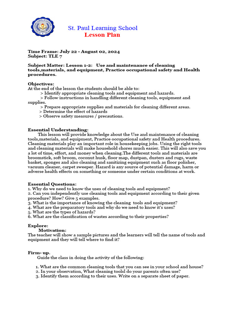 LP TLE 7 July 22 - August 2 | PDF | Housekeeping | Cognition