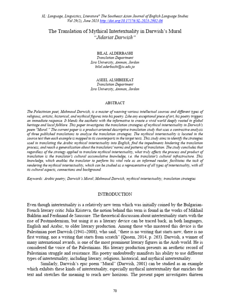 The Translation of Mythical Intertextuality in Darwish Smural Jidariat Darwish | PDF ...