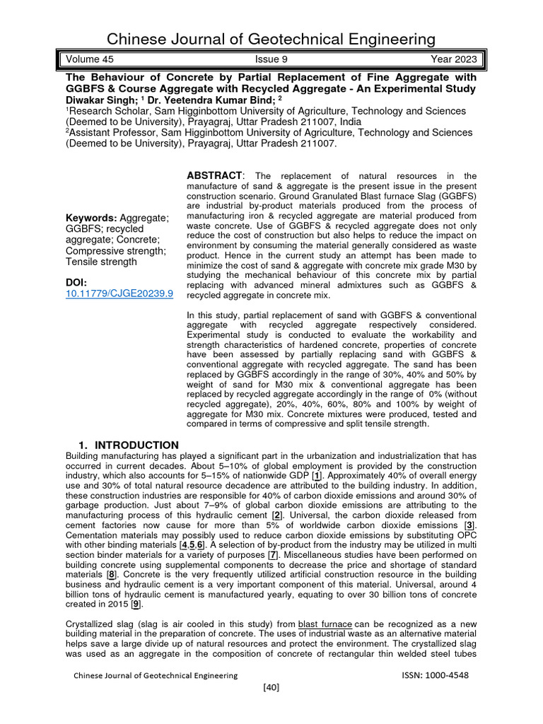 The Behaviour of Concrete by Partial Replacement of Fine Aggregate with GGBFS & Course Aggregate ...