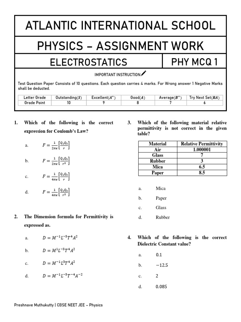 HW Physics ECF 6 | PDF | Electrostatics | Permittivity