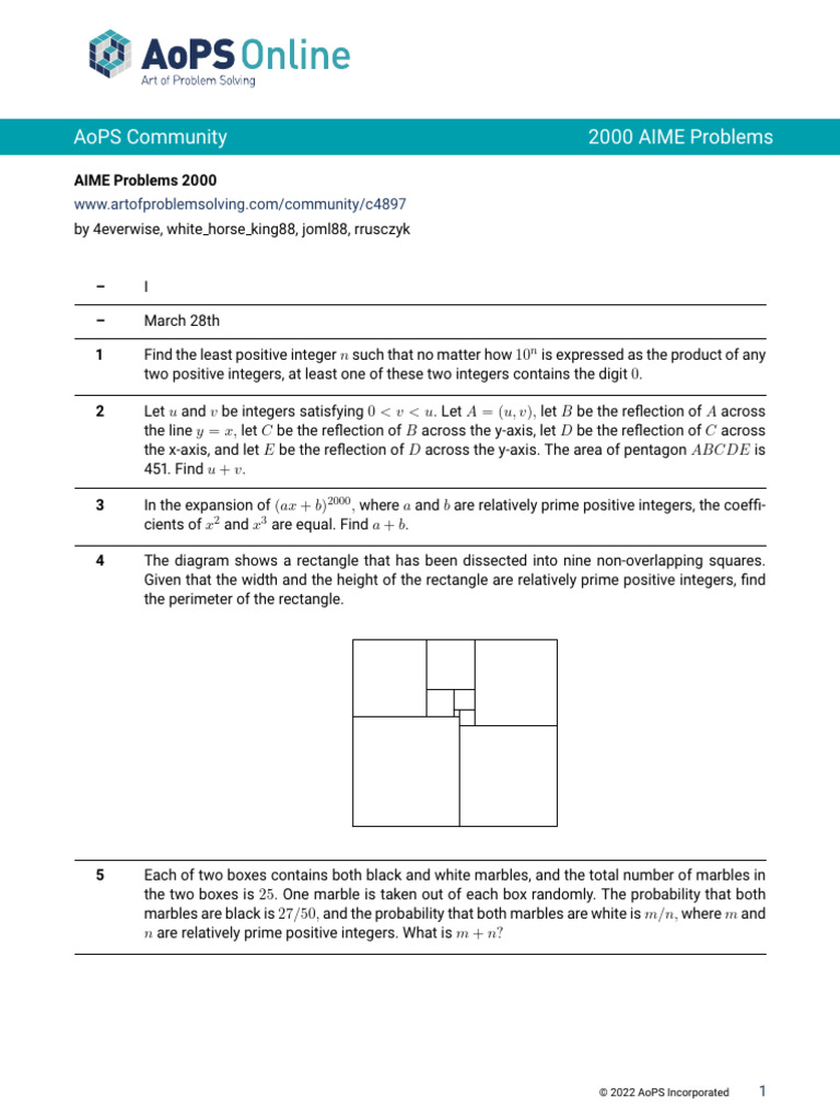 Aops Community 2000 Aime Problems | PDF | Elementary Mathematics | Ring ...