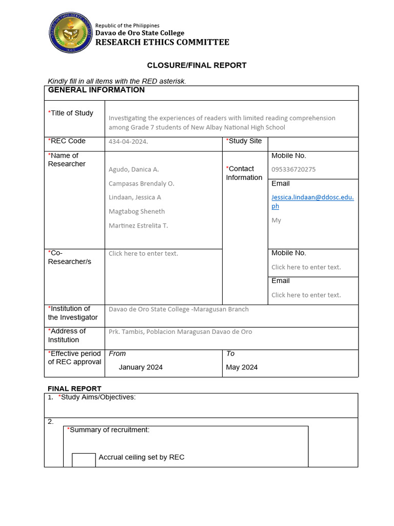 DDOSC REC Form 3.3 Closure or Final Report 1 | PDF | Informed Consent