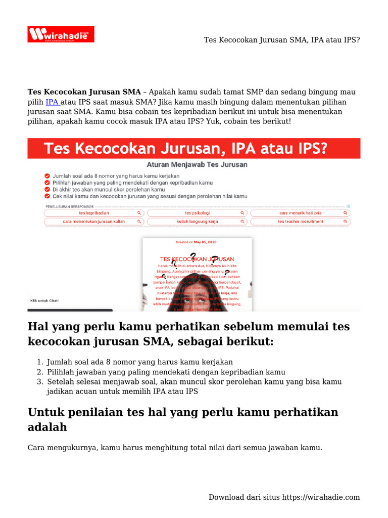 Tes Kecocokan Jurusan SMA: IPA vs IPS | PDF | Karier & Perkembangan