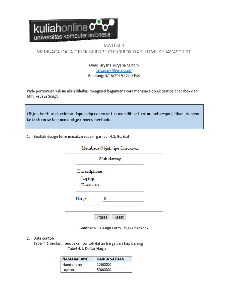 Bab 4 Membaca Data Objek Bertipe Checkbox Dari HTML Ke Java Script | PDF Bab 4 Membaca Data Objek Bertipe Checkbox Dari HTML Ke Java Script | PDF