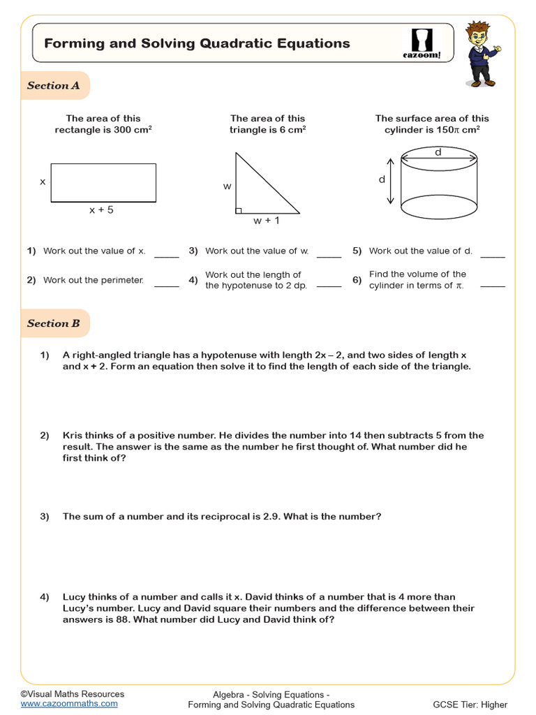 Cazoom Maths. Solving Equations. Forming and Solving Quadratic Equations | PDF | Area | Equations