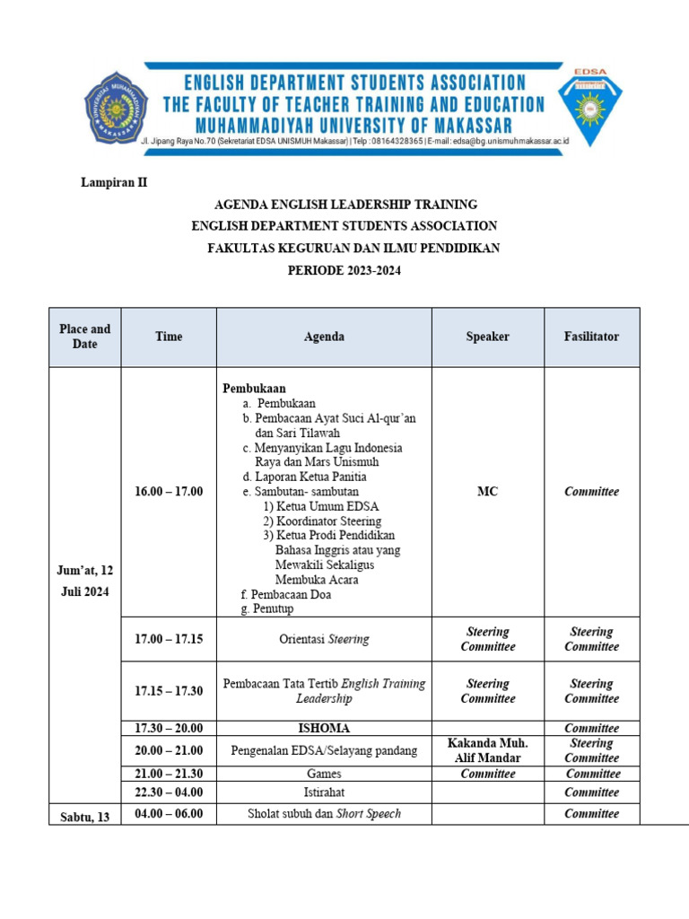 Agenda Acara English Leadership Training | PDF
