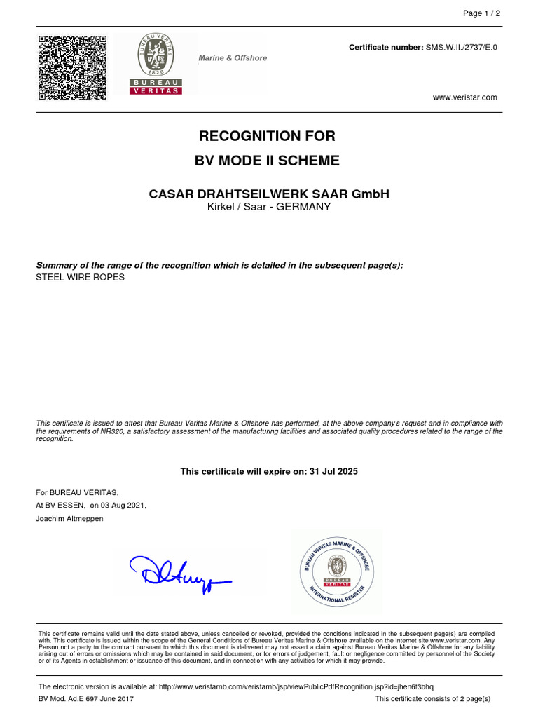 BV Bureau Veritas recognition cert 2021_1 | PDF