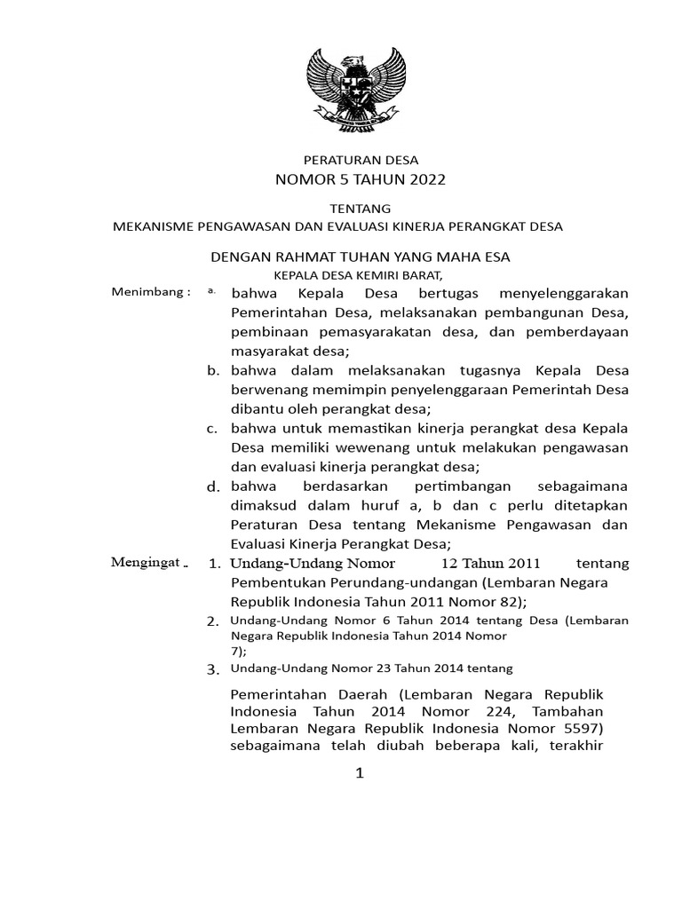 1.2 Perdes Mekanisme Pengawasan Dan Evaluasi Kinerja Perangkat Desa | PDF