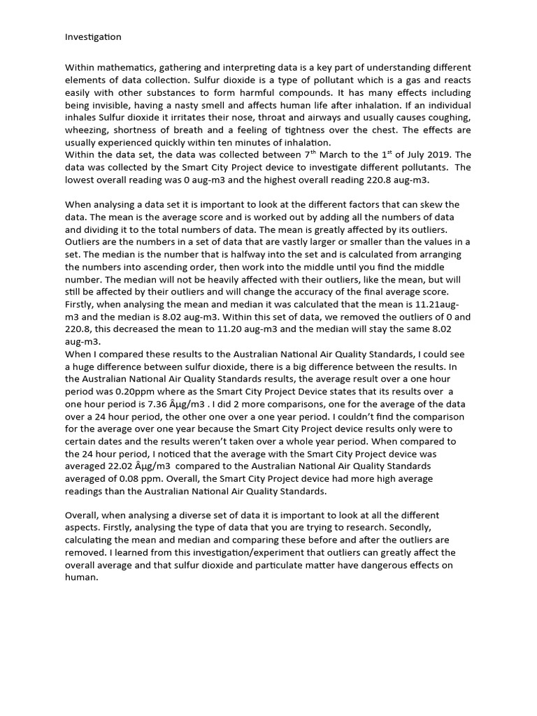Maths Statistical Investigation Report | PDF | Mean | Air Pollution