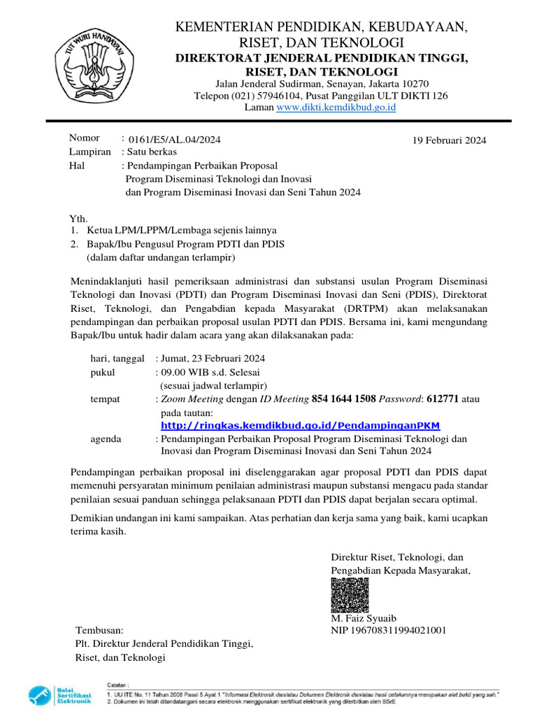 Surat Undangan Pendampingan Perbaikan Proposal PDTI Dan PDIS 2024 | PDF | Komputer