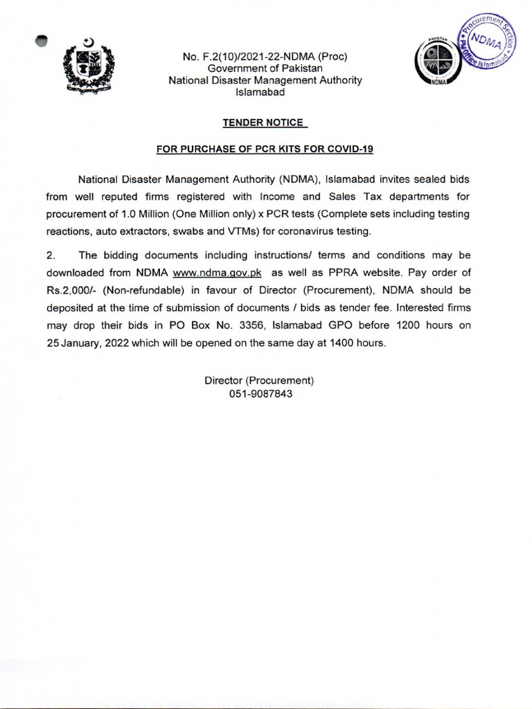 PCR Kits Tender 25-01-2022 Ndma | PDF