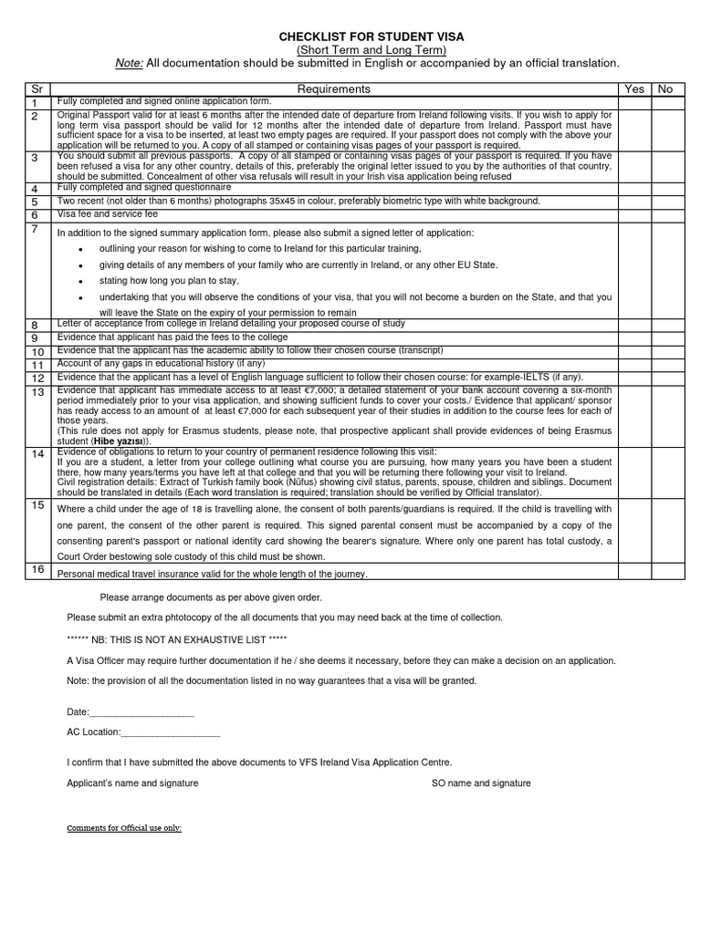 Checklist Student Visa Ireland Form | Download Free PDF | Travel Visa ...