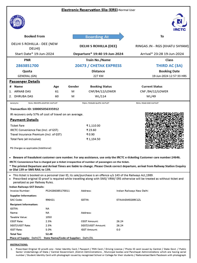 Chetak Express Third Ac (3A) : Electronic Reserva On Slip (ERS) | PDF ...