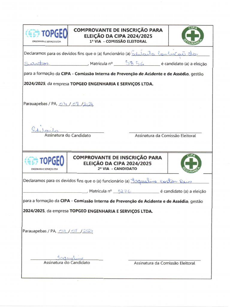 Comprovante de Inscrição Cipa | PDF