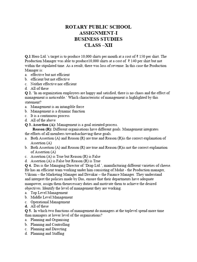 Business Studies Class Xii Lesson I Assignment | PDF | Reason | Truth