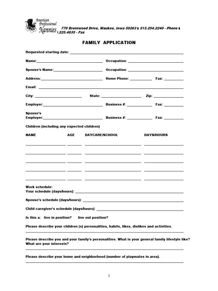 family_application | PDF | Child Care | Nanny