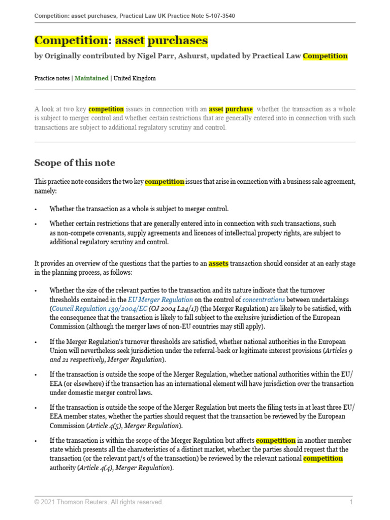 Competition Asset Purchases | Download Free PDF | Mergers And ...