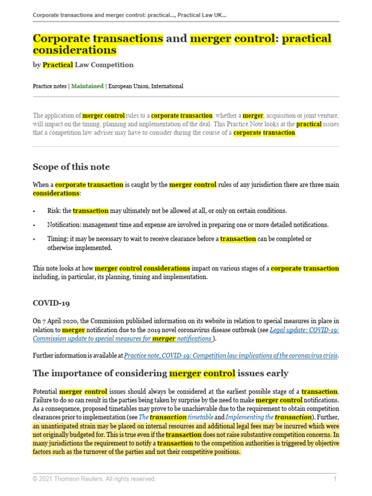 Corporate Transactions and Merger Control Practical Considerations ...