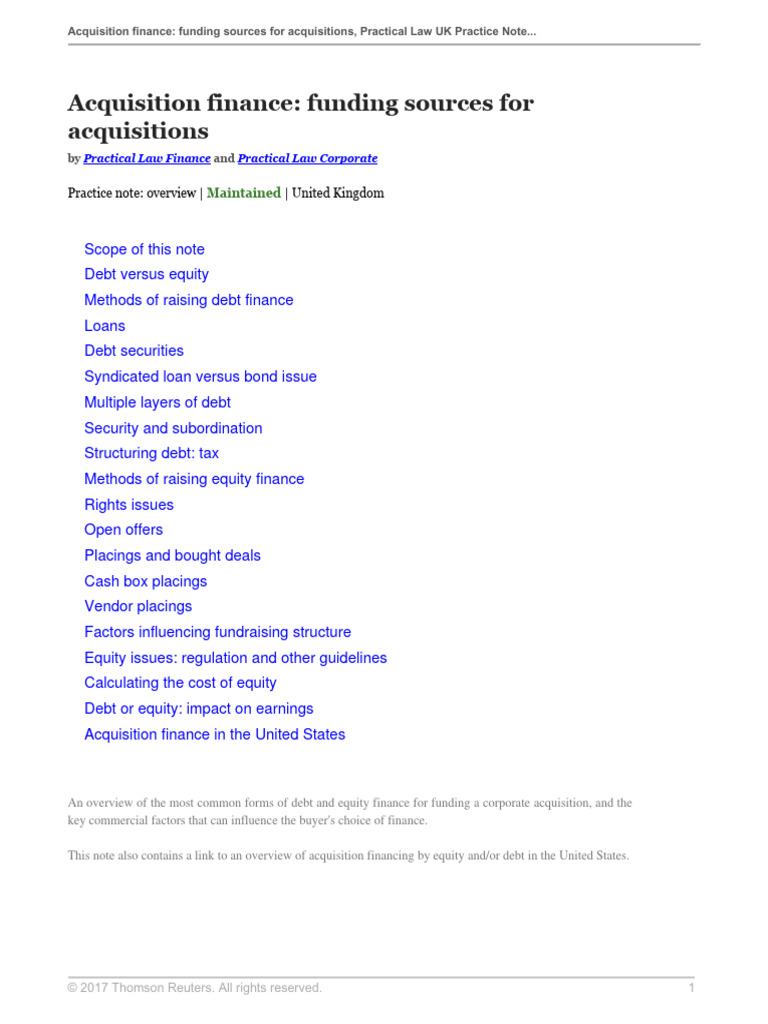 Acquisition Finance Funding Sources For Acquisitions | PDF | Stocks | Debt