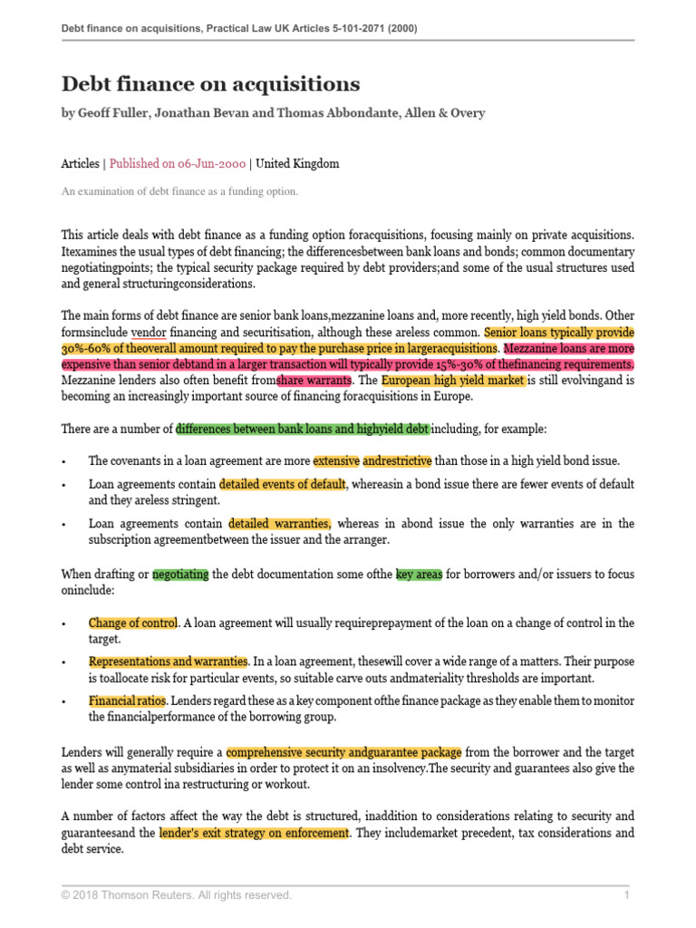 Debt Finance On Acquisitions | PDF | Bonds (Finance) | Loans