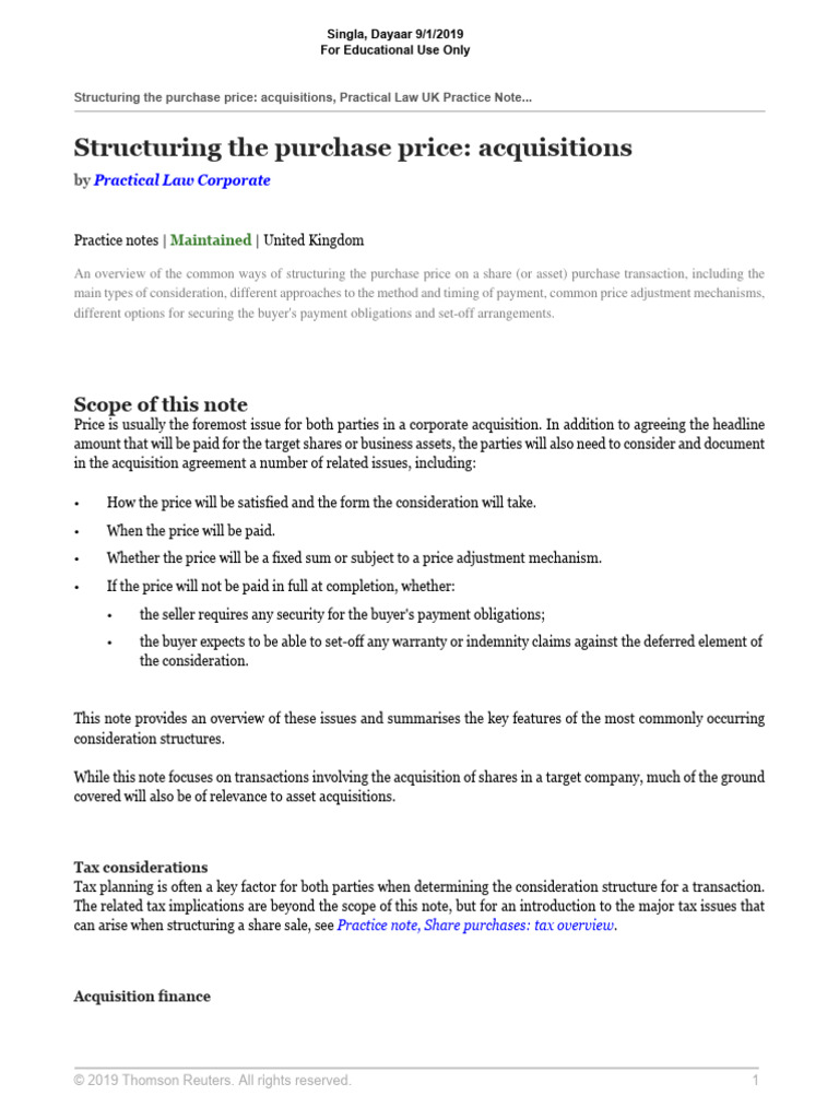 Structuring Purchase Price in Acquisitions | PDF | Mergers And ...