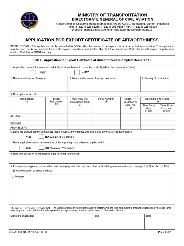 DGCA Form 21-19 Application For Export C of A - Oct 2017 | PDF ...