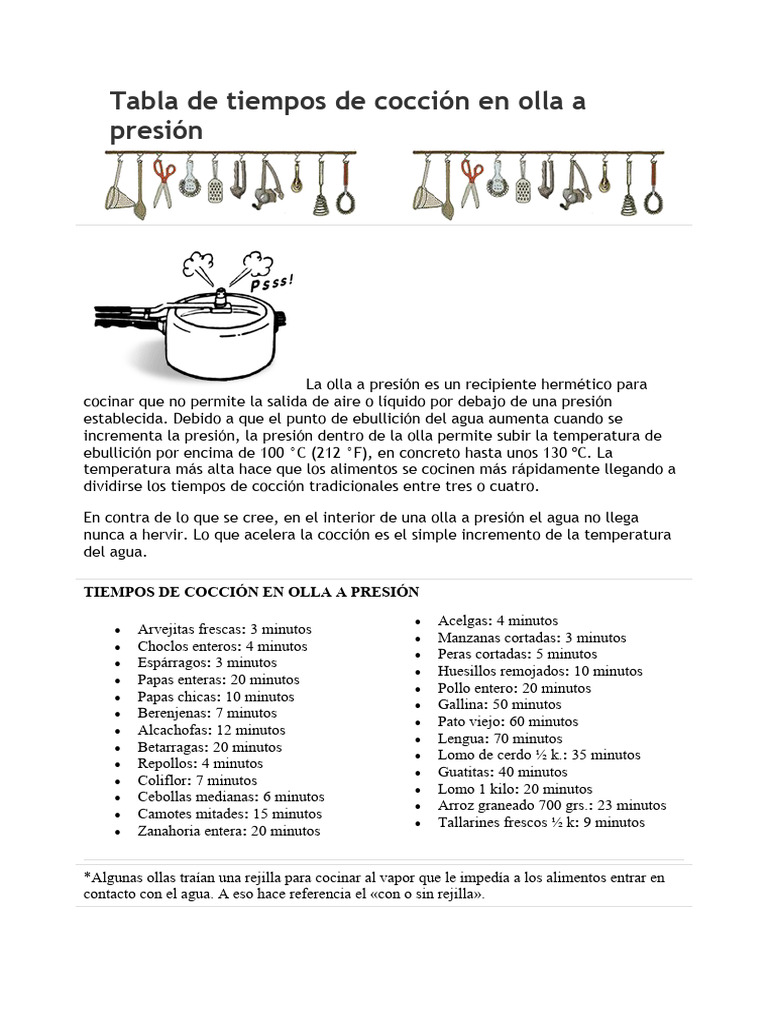 Tabla de Tiempos de Cocción en Olla A Presión | PDF | Cocción a presión | Hirviendo