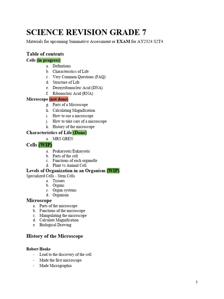 Science Revision Biology Grade 7 | PDF | Cell (Biology) | Rna