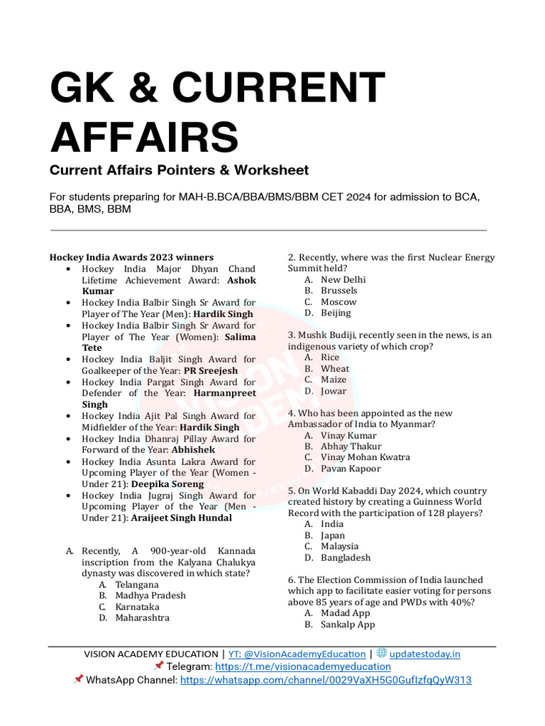 GK Current Affairs Worksheet (Vision Academy) | PDF