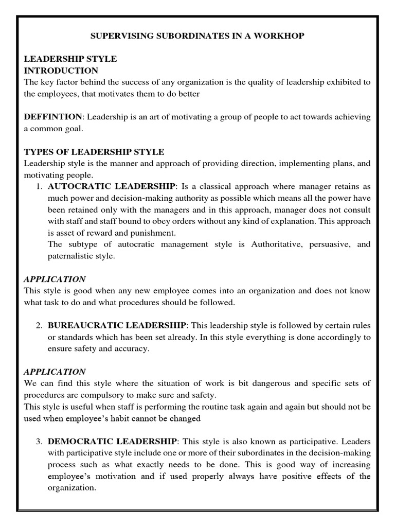Supervising Subordinate in Workshop | PDF | Leadership | Behavioural Sciences