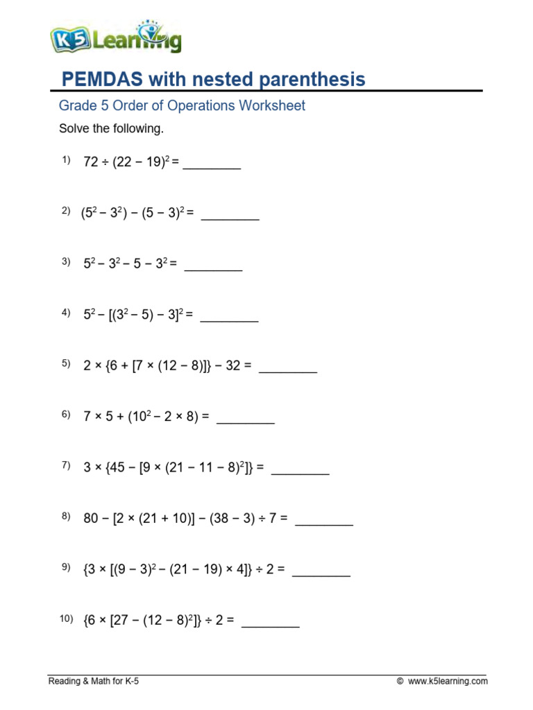 Grade 5 PEMDAS Order of Operations Worksheet | PDF | Teaching Methods ...