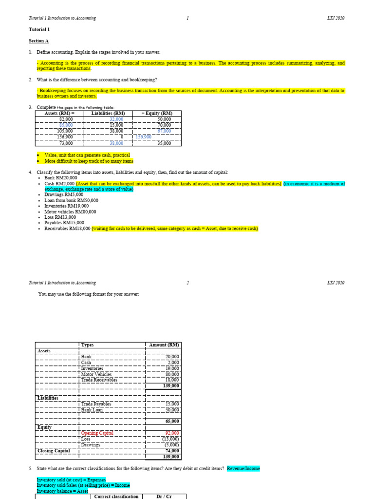 Tutorial 1 Introduction To Accounting (Q) | PDF | Debits And Credits | Expense
