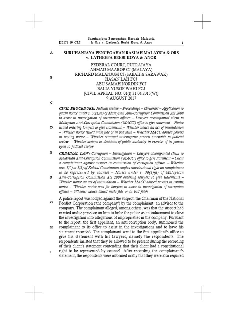 Suruhanjaya Pencegahan Rasuah Malaysia V Latheefa Beebi Koya (2017) 10 CLJ 1 (FC) | PDF | Appeal ...
