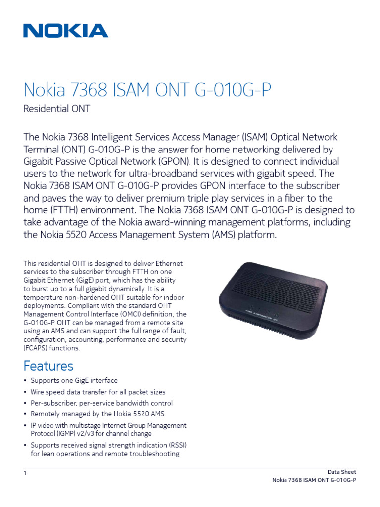 Nokia 7368 ISAM ONT G-010G-P Datasheet | PDF | Fiber To The X ...