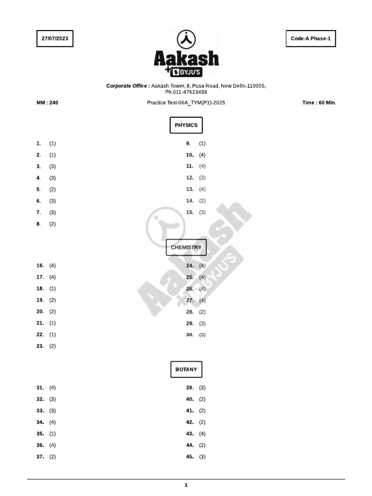 Practice Test 06A TYM (P1) 2025 Key | PDF