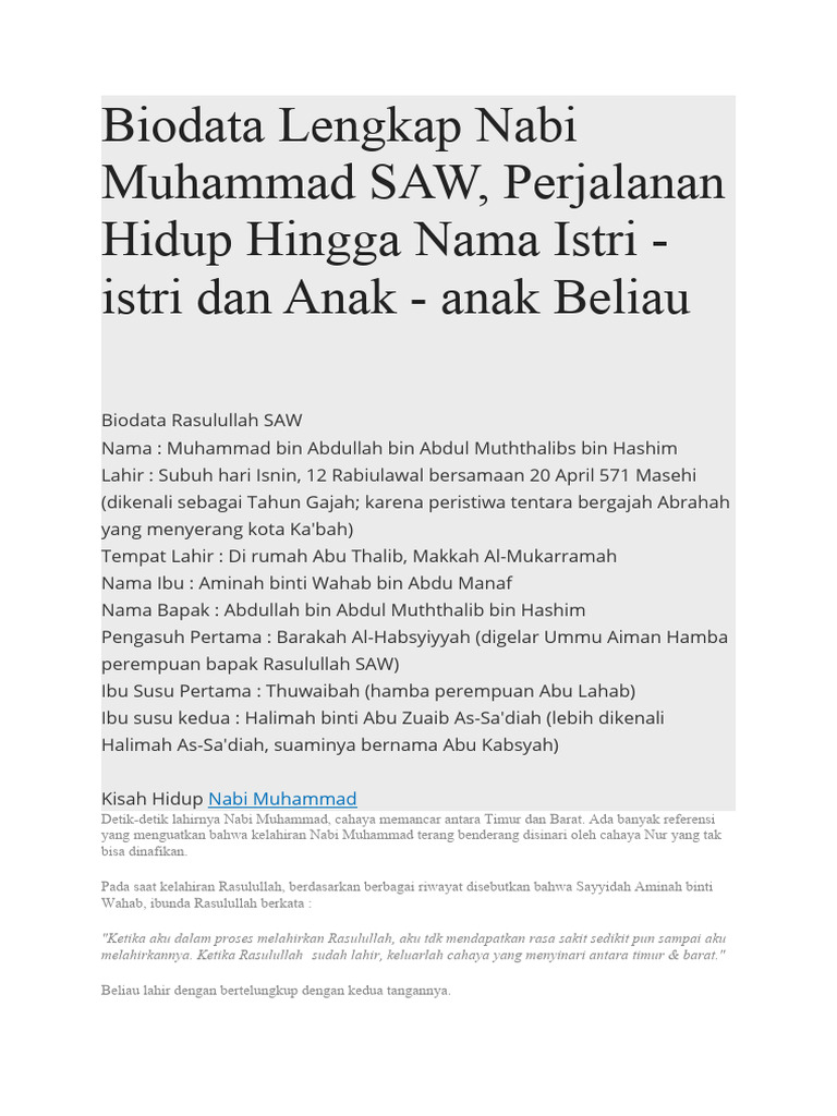 Biodata Lengkap Nabi Muhammad SAW | PDF