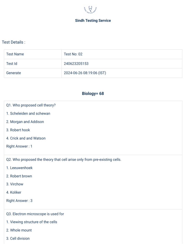 Sindh Testing Service (STS) Test No - 02 Key | PDF | Carbohydrates | Atoms