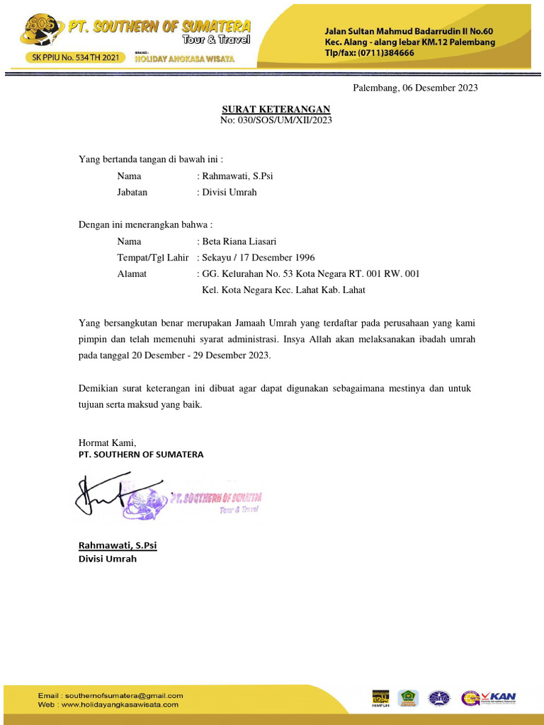Surat Keterangan Umrah Liasari | PDF
