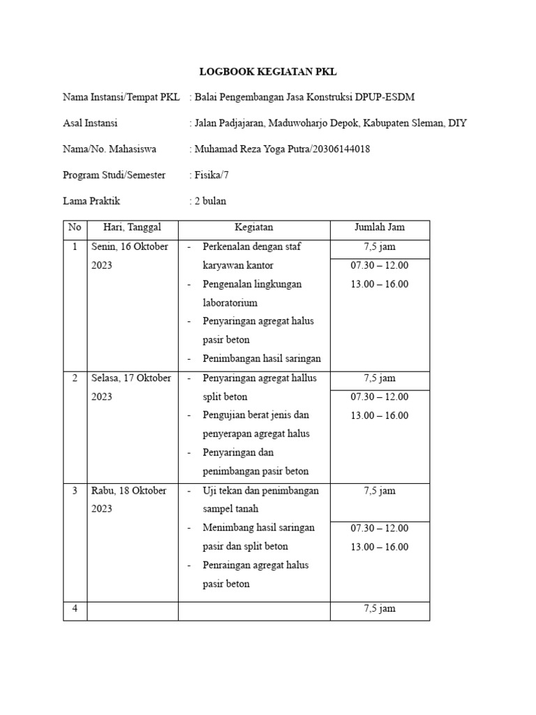 Logbook Kegiatan PKL | PDF
