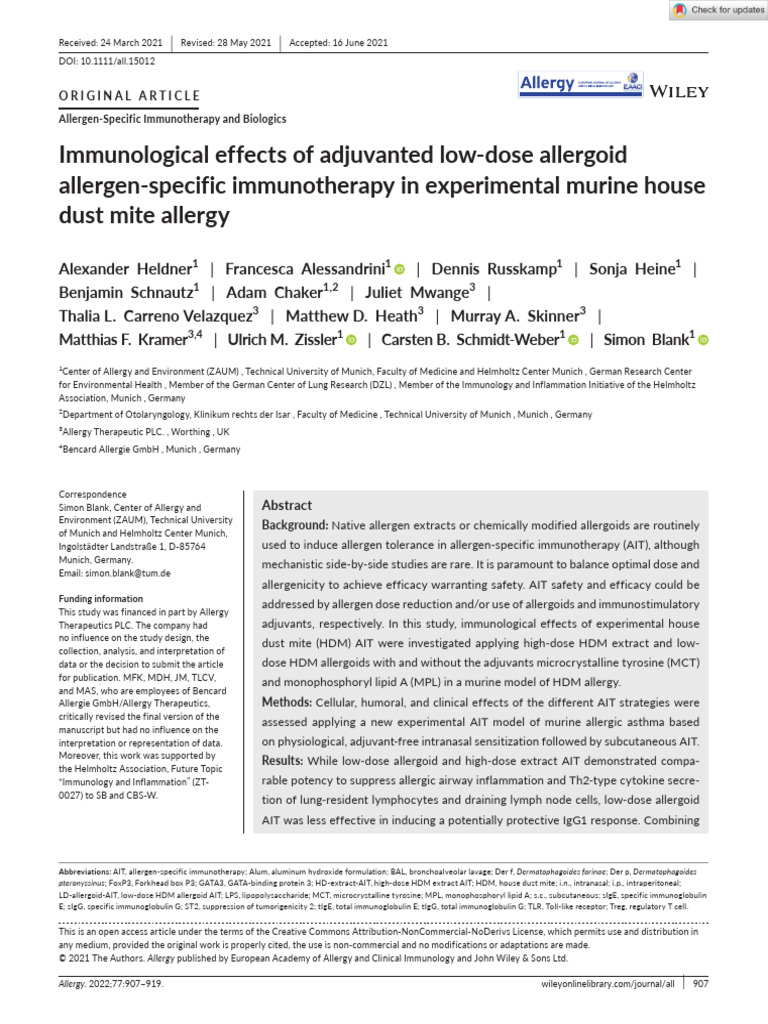 Allergy - 2021 - Heldner - Immunological Effects of Adjuvanted Low Dose ...