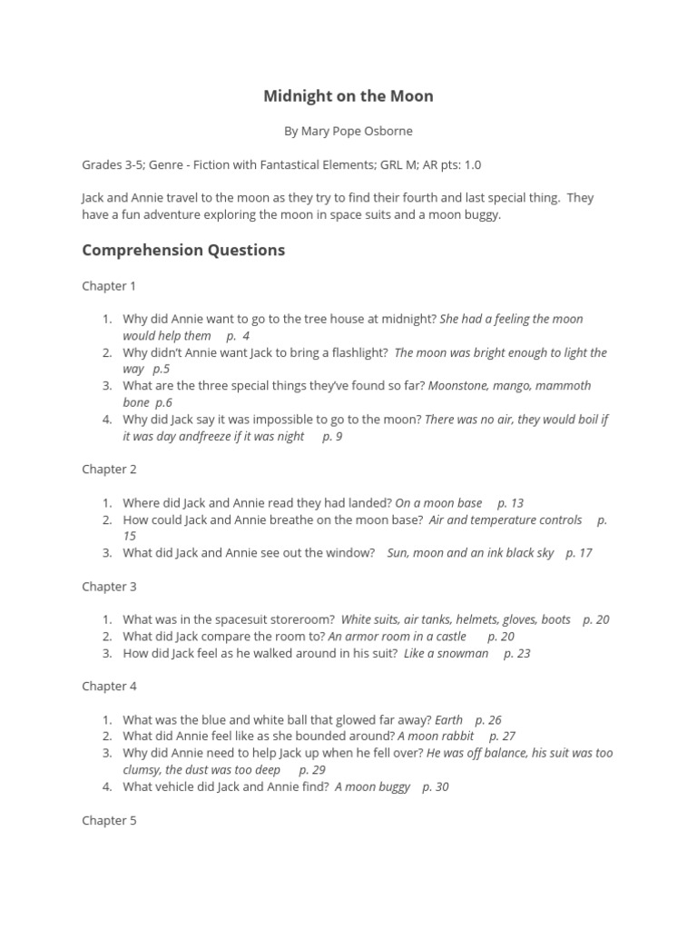 Midnight On The Moon - Comprehension Questions With Answer | PDF ...