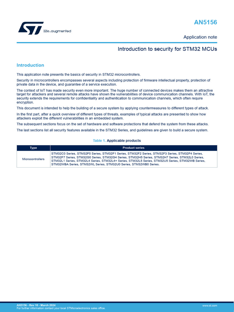 An5156 Introduction To Security For Stm32 Mcus Stmicroelectronics | PDF | Computer Security ...