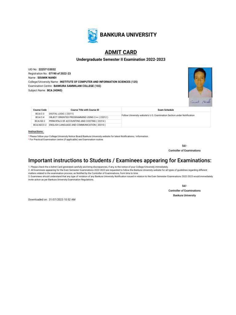 Admit Card | PDF | Computer Science | Computing
