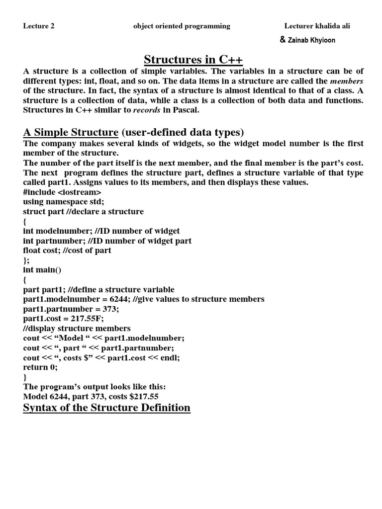 Structures in C++: A Simple Structure (User-Defined Data Types) | PDF | Integer (Computer ...